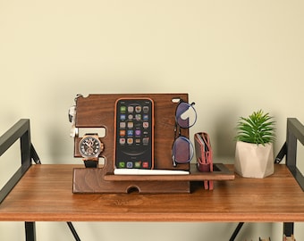 Elegant Walnut Watch and Phone Stand, Wooden Charging Dock, Desk ...