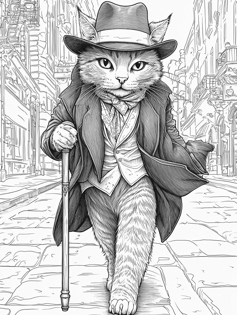 14 Gentleman Cat Coloring Book for Adults and Kids, Grayscale Coloring ...