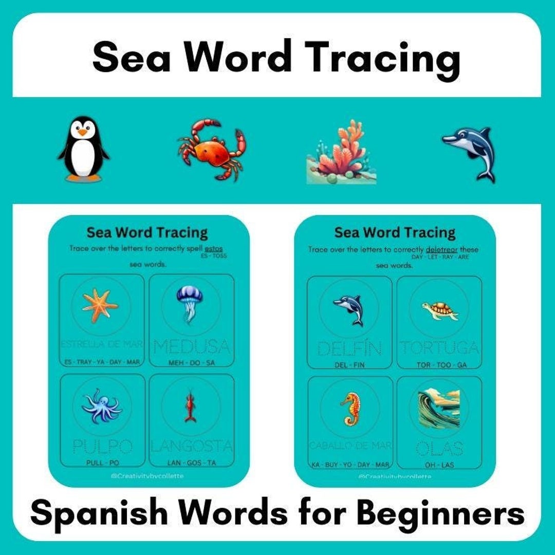 5x Bilingual Sea Word Tracing Pages. Learn Spanish Words, Practice ...