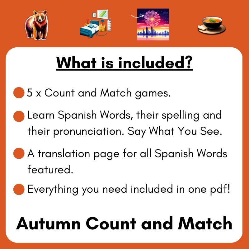 5x Count and Match Autumn / Fall Games. Learn Spanish Words, Practice ...