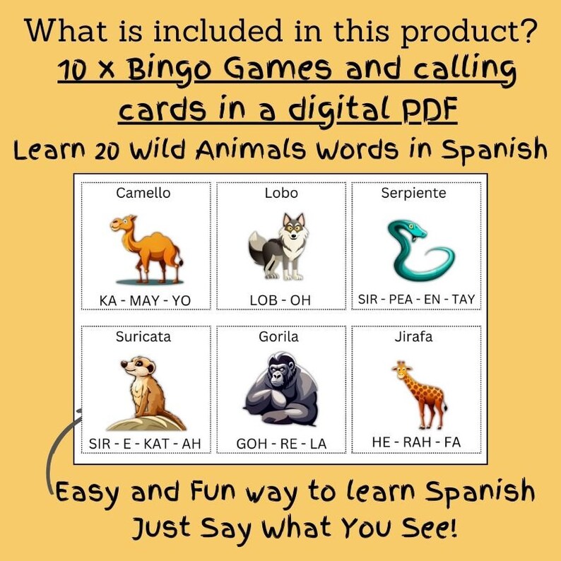 10x Wild Animal Image Bingo Games With Calling Cards. Learn Spanish ...