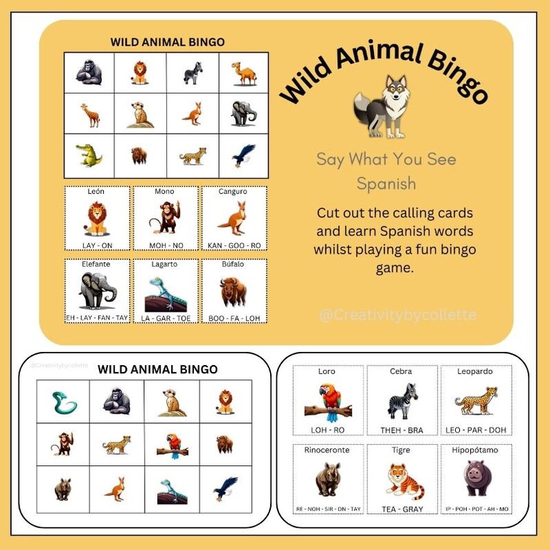 10x Wild Animal Image Bingo Games With Calling Cards. Learn Spanish ...