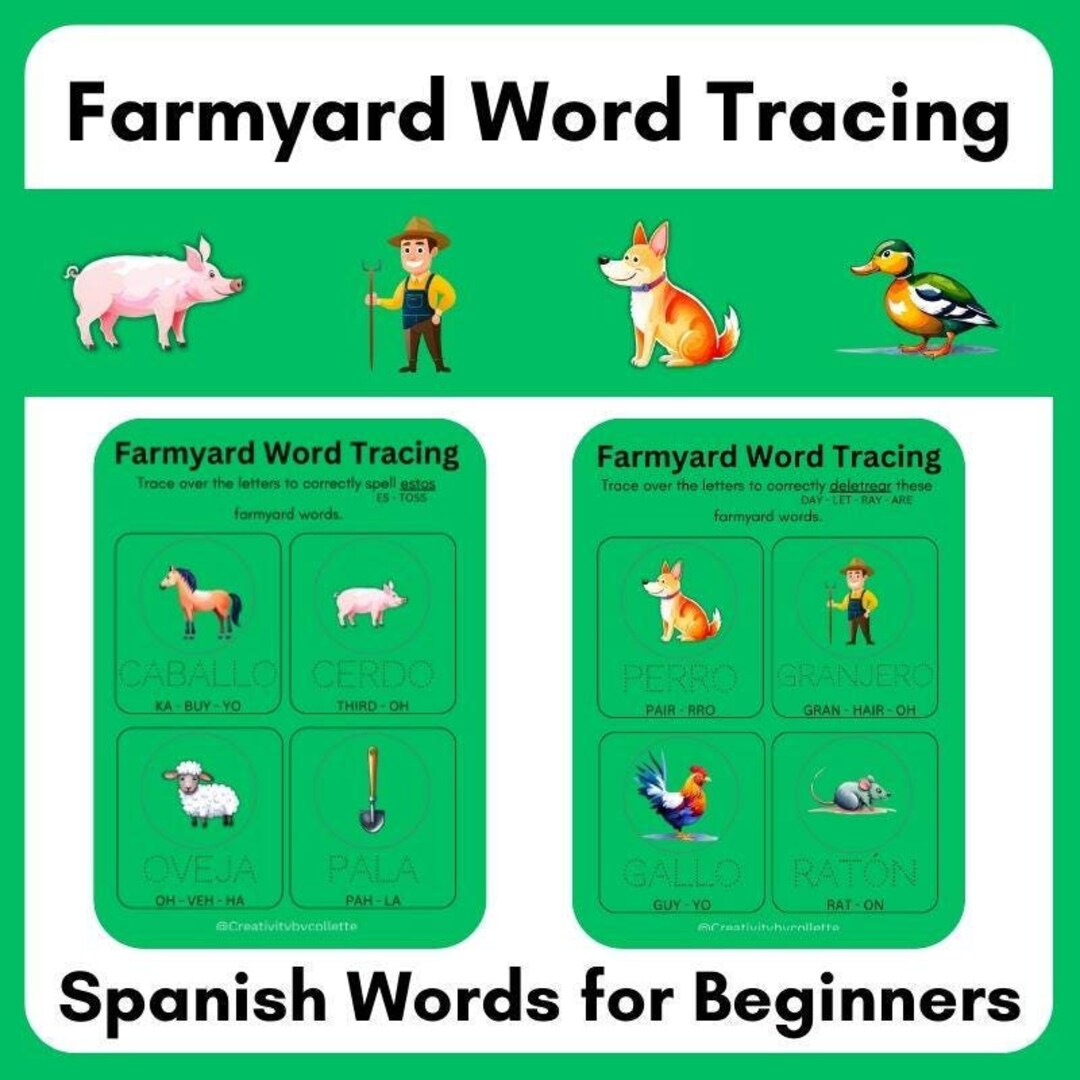 5x Bilingual Farmyard Word Tracing Pages. Learn Spanish Words, Practice ...
