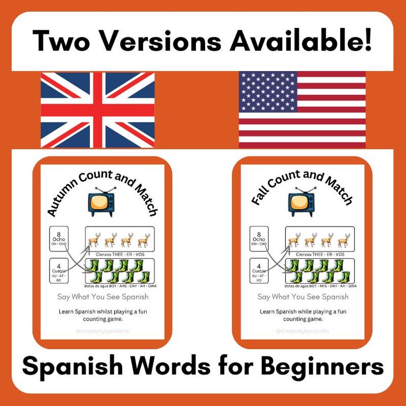 5x Count and Match Autumn / Fall Games. Learn Spanish Words, Practice ...