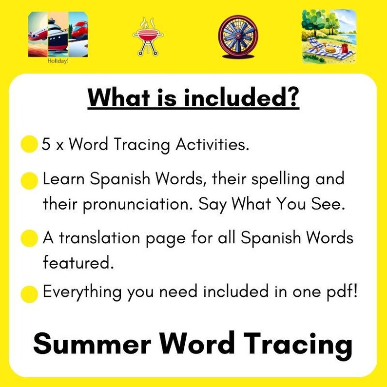 5 X Bilingual Summer Word Tracing Pages. Learn Spanish Words, Practice ...
