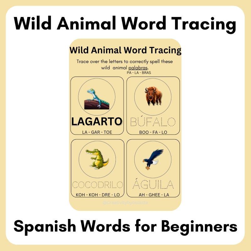 5 X Bilingual Wild Animal Word Tracing Pages. Learn Spanish Words ...
