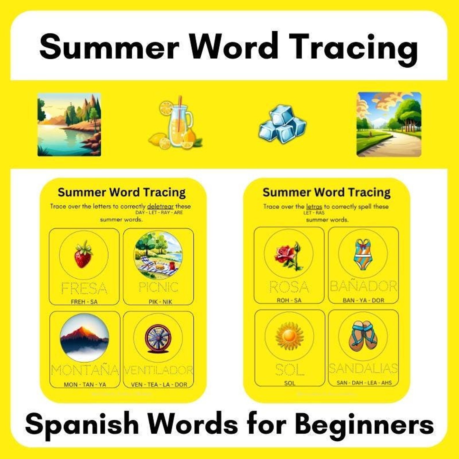 5 X Bilingual Summer Word Tracing Pages. Learn Spanish Words, Practice ...