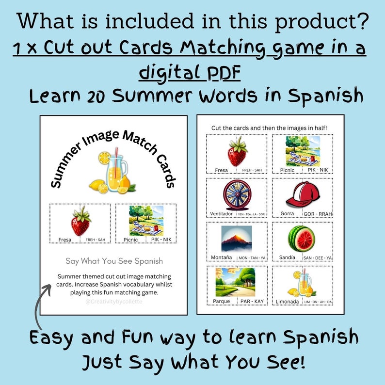 Learn Spanish Image Matching Game, Homeschool Resource, Home School ...