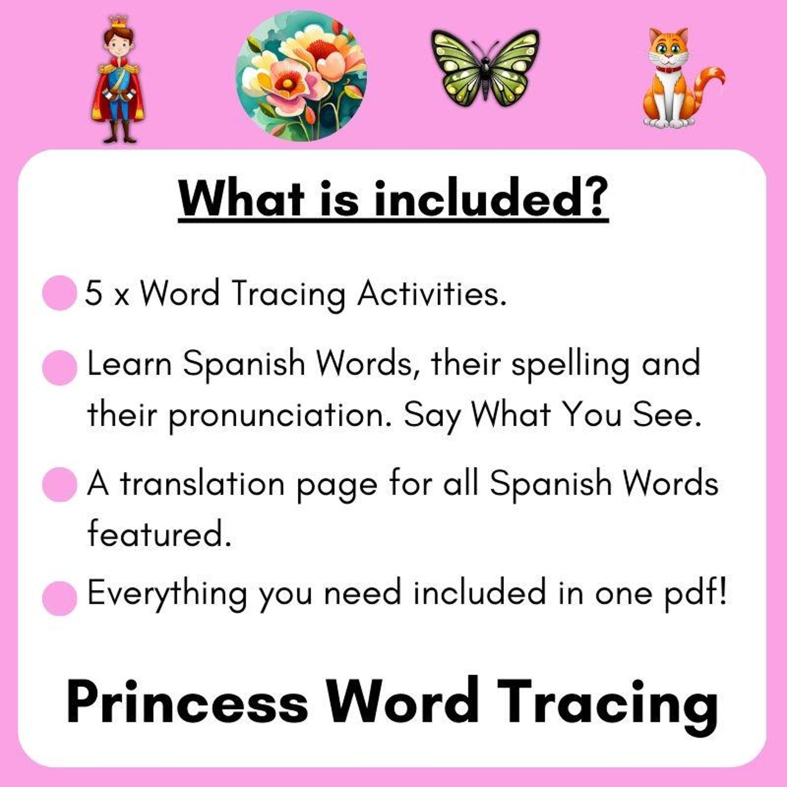 5x Bilingual Princess Word Tracing Pages. Learn Spanish Words, Practice ...