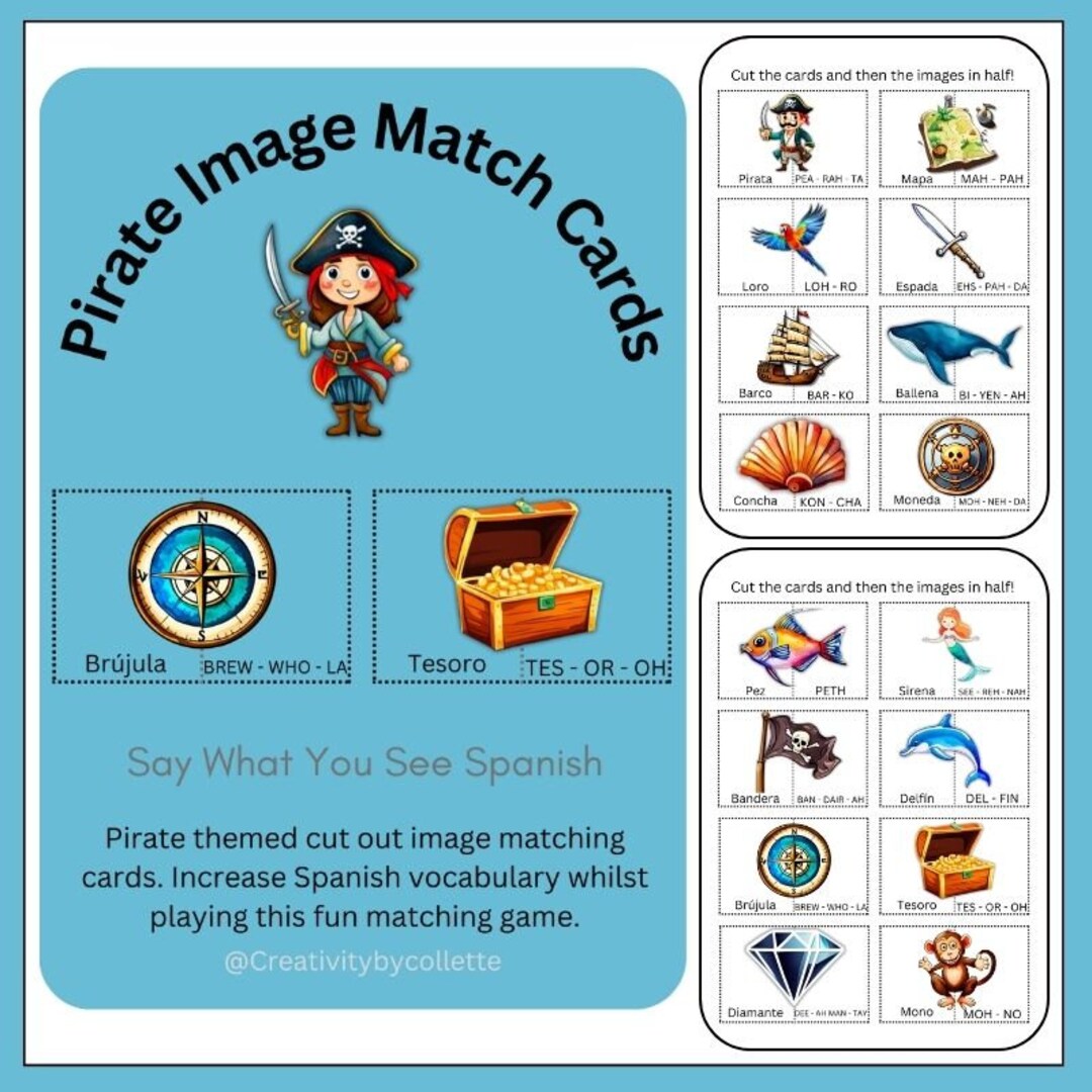 Learn Spanish Pirate Image Match Game, Homeschool Resource, Printable ...