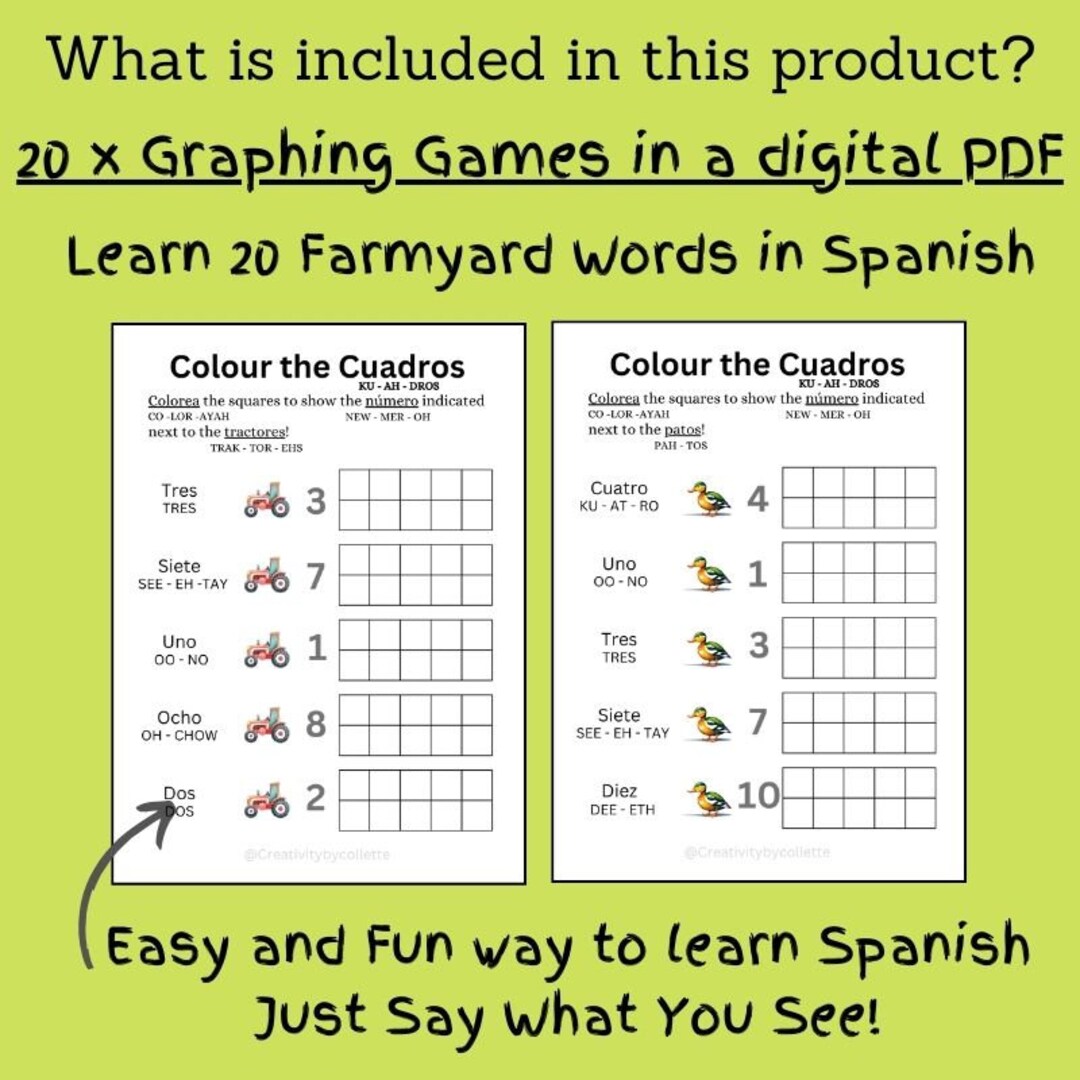 20 X Farmyard Graphing Pages, Colour the Squares. Learn Spanish Words ...