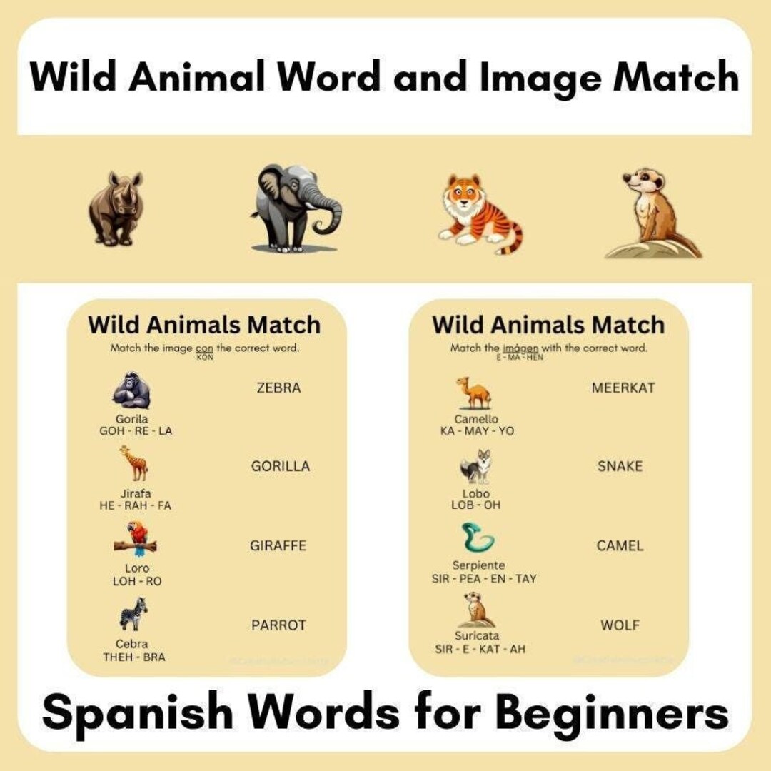 5 X Bilingual Wild Animal Word and Image Match Games. Learn Spanish ...