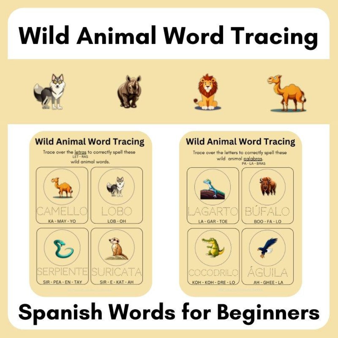 5 X Bilingual Wild Animal Word Tracing Pages. Learn Spanish Words ...