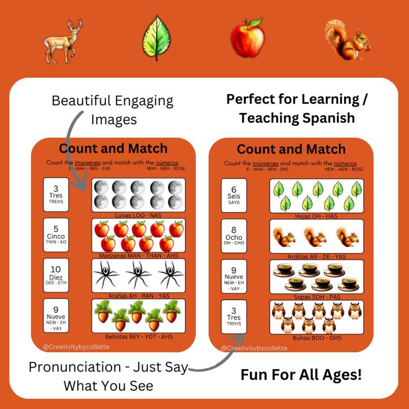 5x Count and Match Autumn / Fall Games. Learn Spanish Words, Practice ...
