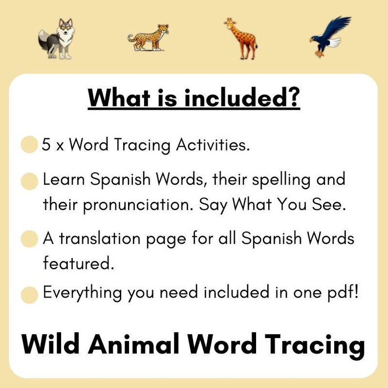 5 X Bilingual Wild Animal Word Tracing Pages. Learn Spanish Words ...
