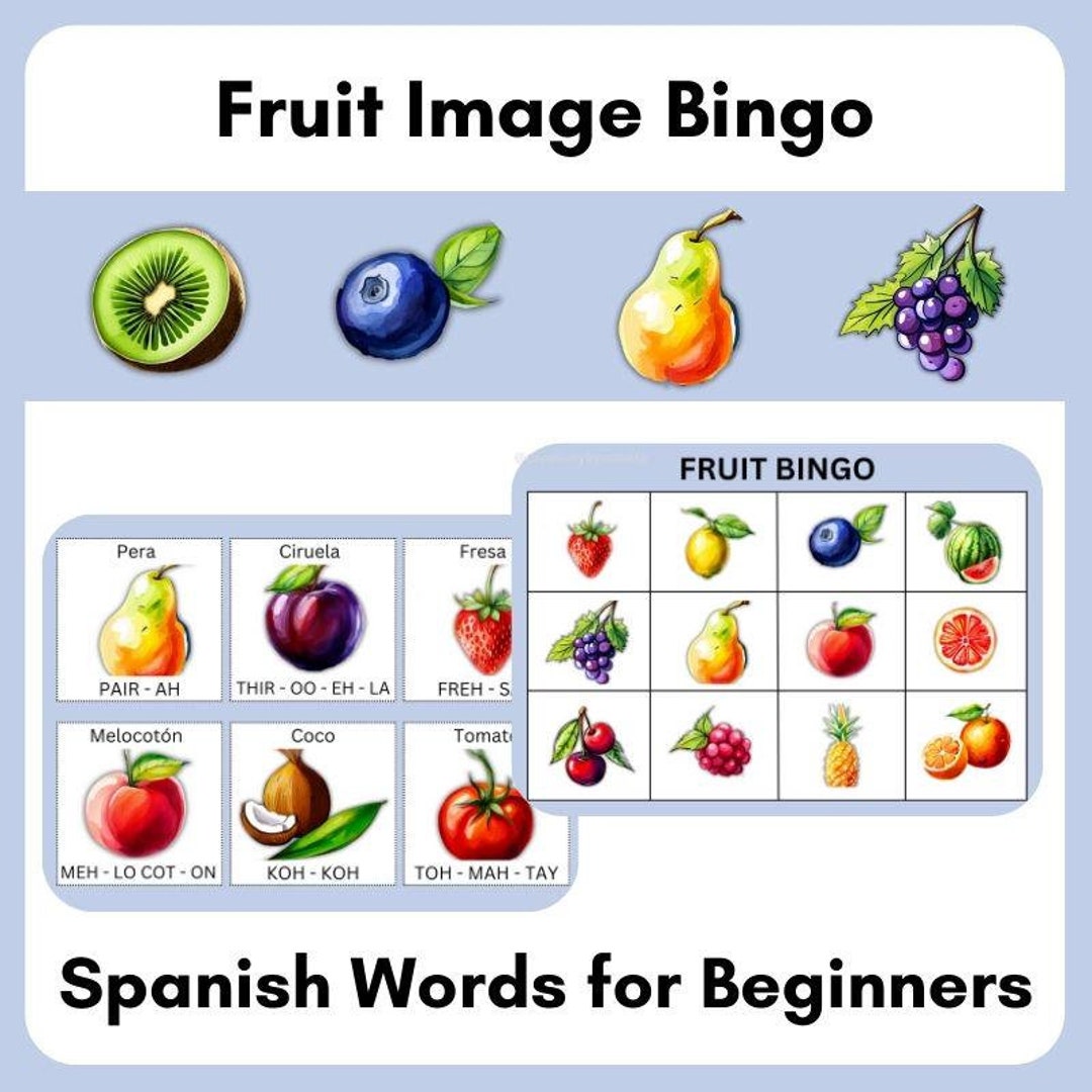 10 X Fruit Image Bingo Games With Calling Cards. Learn Spanish Words ...