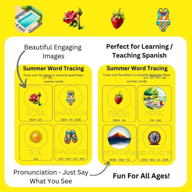 5 X Bilingual Summer Word Tracing Pages. Learn Spanish Words, Practice ...