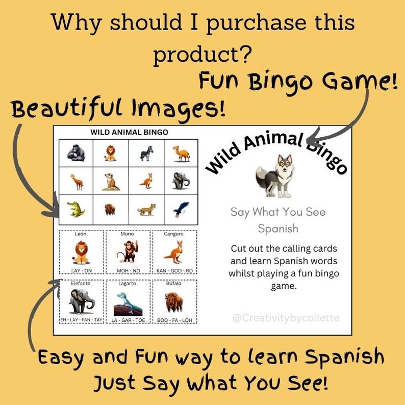 10x Wild Animal Image Bingo Games With Calling Cards. Learn Spanish ...