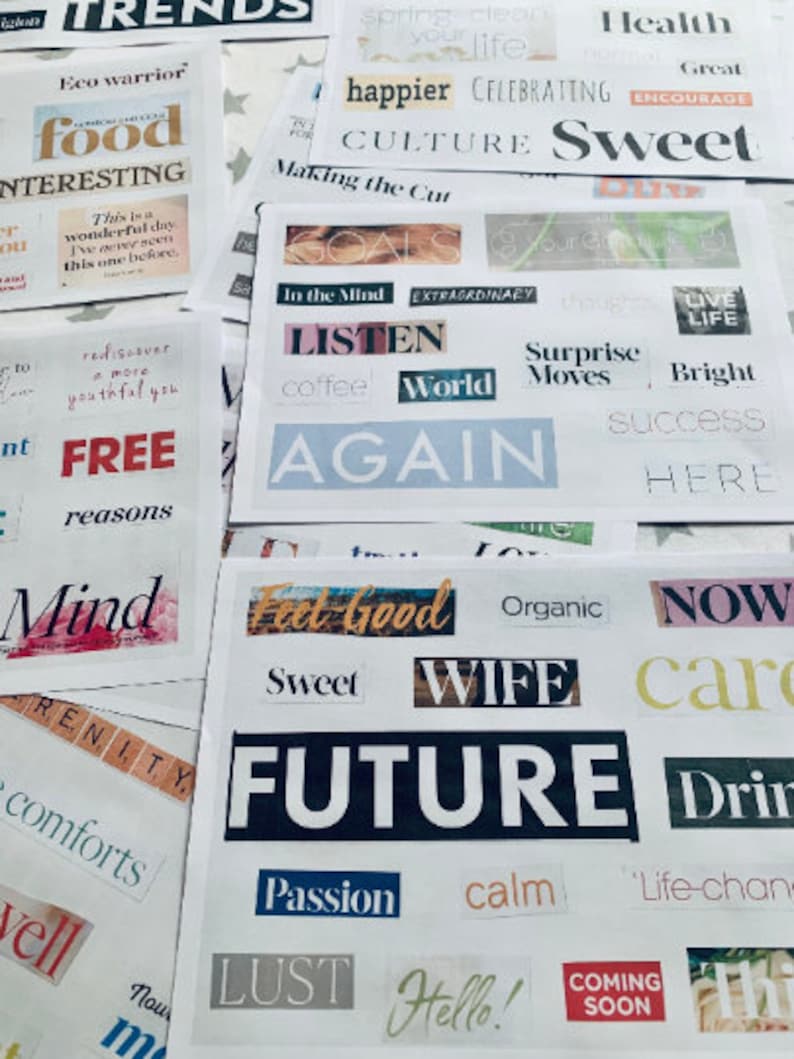 Real Magazine Words Printable Vision Board Kit Magazine Words, Law of ...