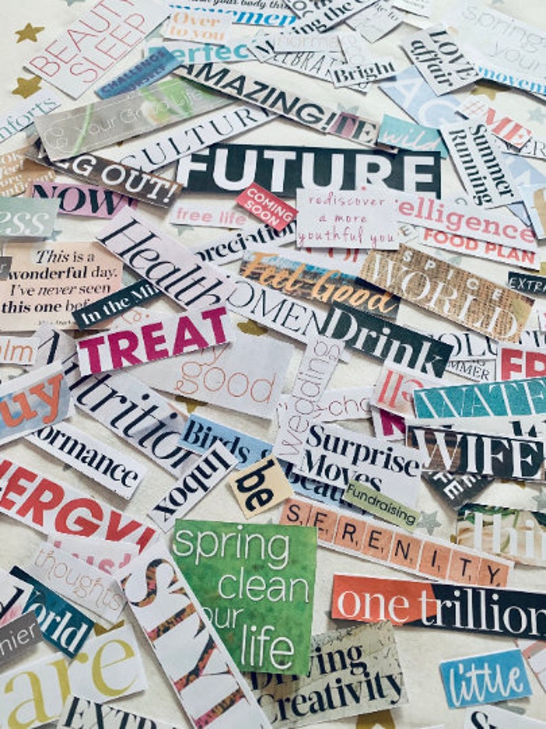 Real Magazine Words Printable Vision Board Kit Magazine Words, Law of ...