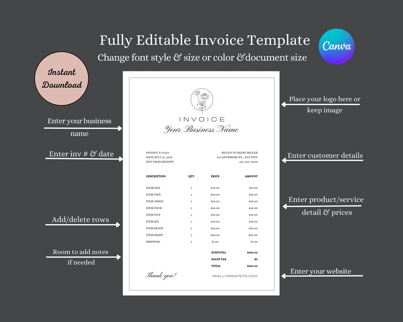 Customizable Invoice Template Editable Invoice Canva Template Small ...
