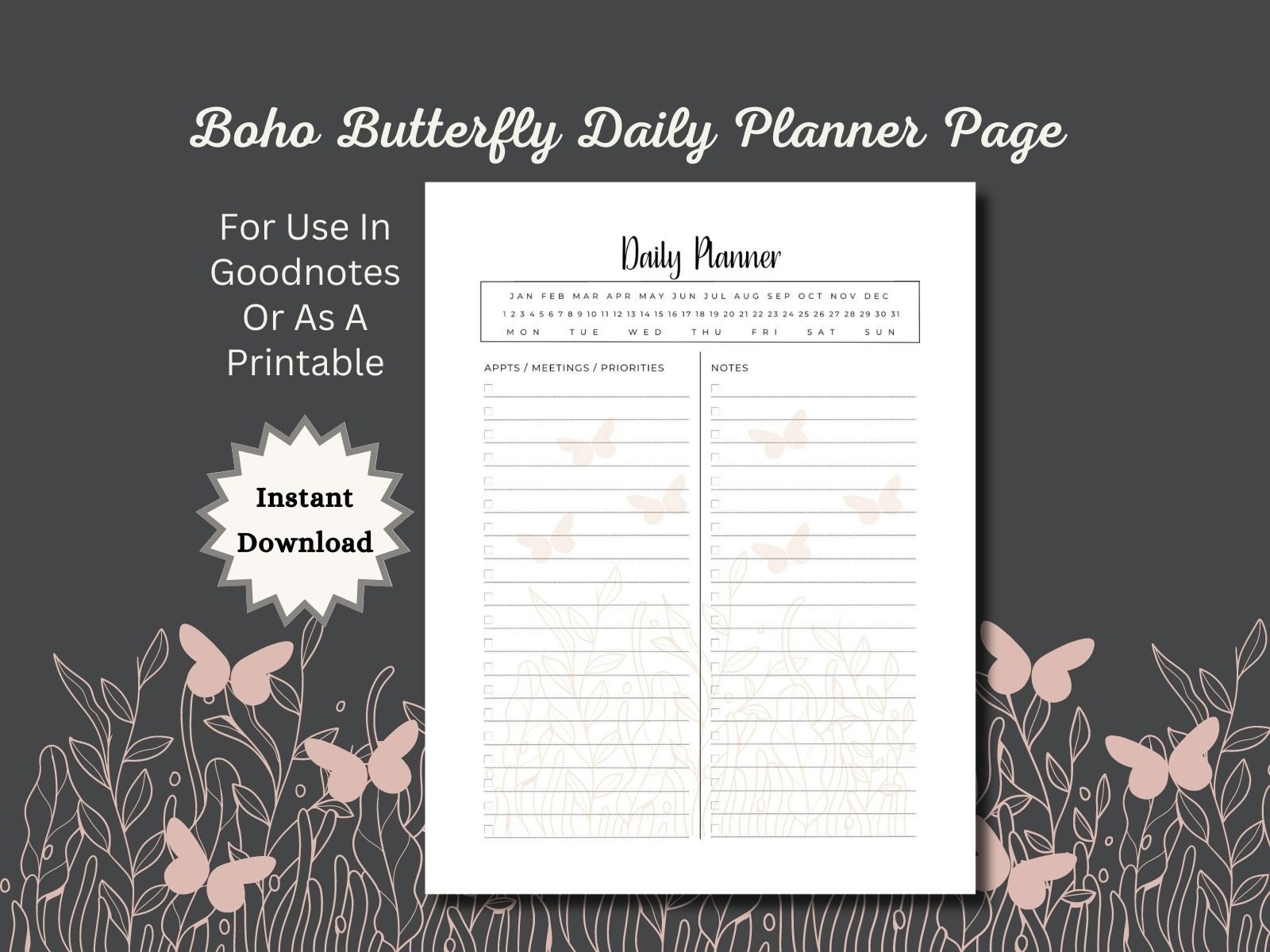 Printable Boho Butterfly Daily Schedule Goodnotes Compatible - Etsy