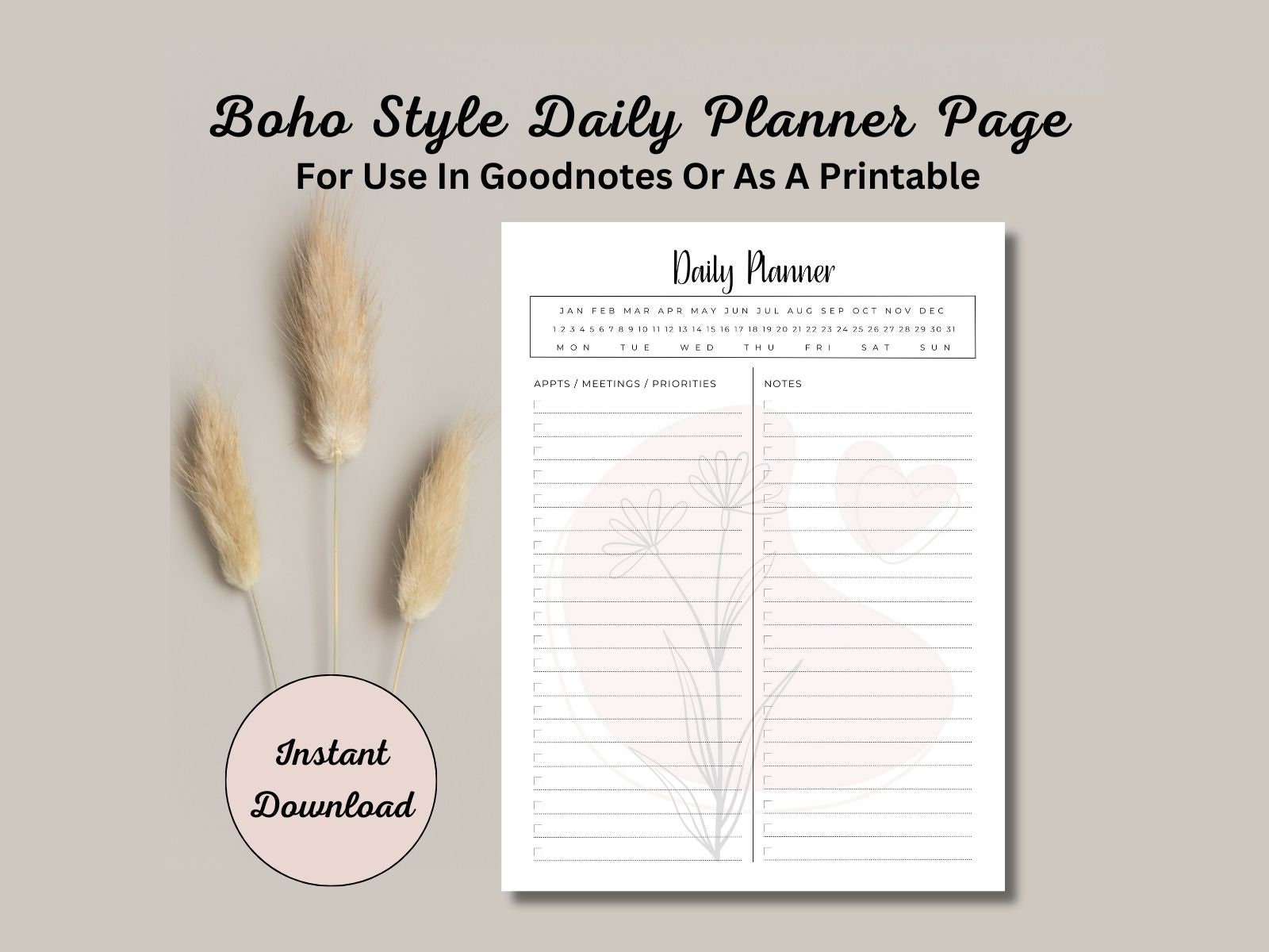 Boho Daily Planner Checklist Printable, Goodnotes Compatible Instant ...