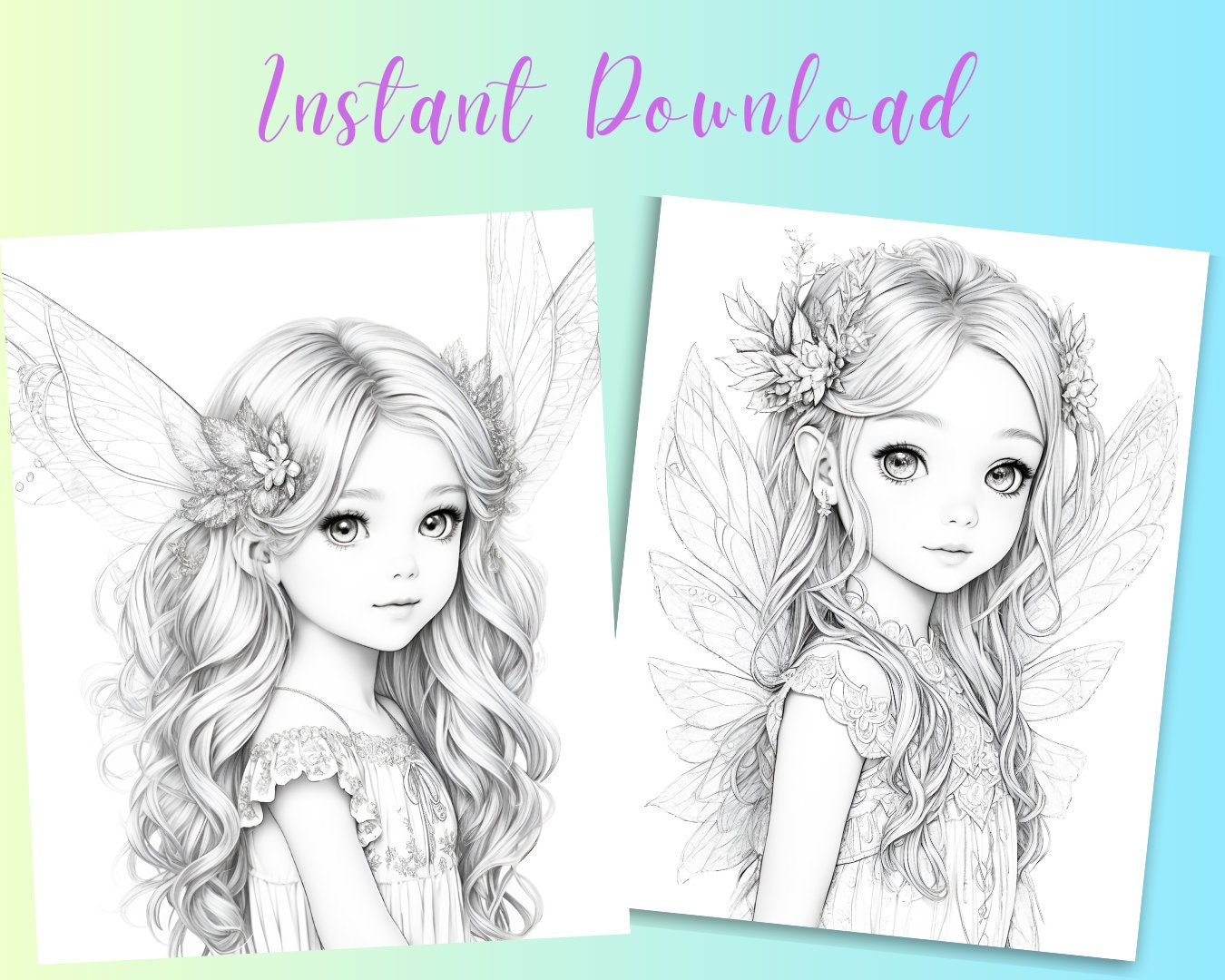 Cute Fairy Girls Coloring Pages, Printable PDF File, Grayscale Coloring ...