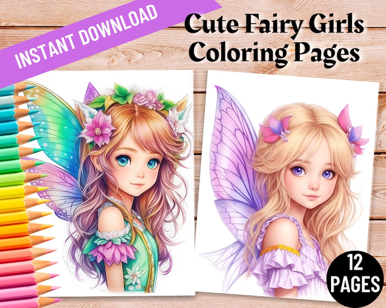 Cute Fairy Girls Coloring Pages, Printable PDF File, Grayscale Coloring ...