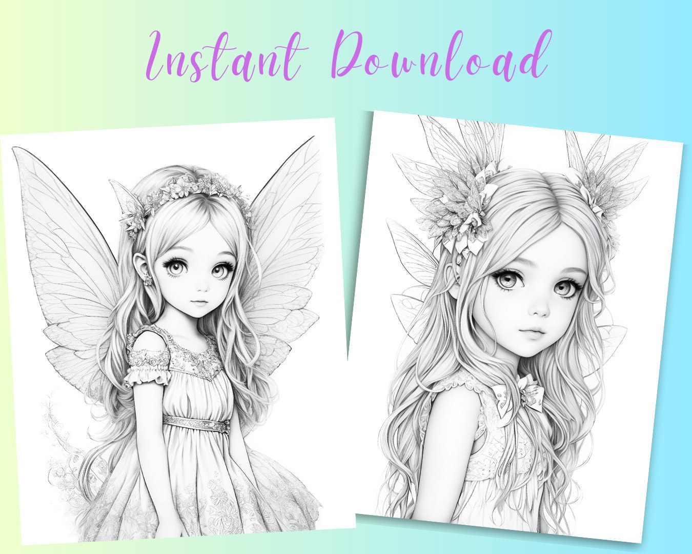 Cute Fairy Girls Coloring Pages, Printable PDF File, Grayscale Coloring ...