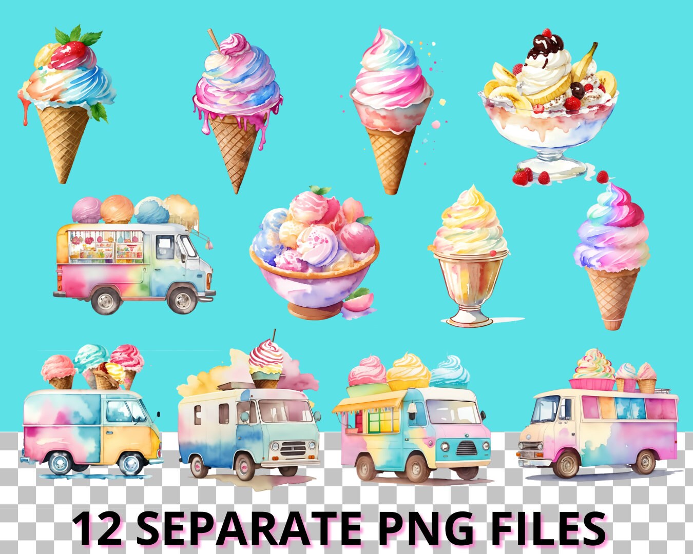 Watercolor Ice Cream Clipart, Retro Ice Cream Truck Clip Art, Sundaes ...