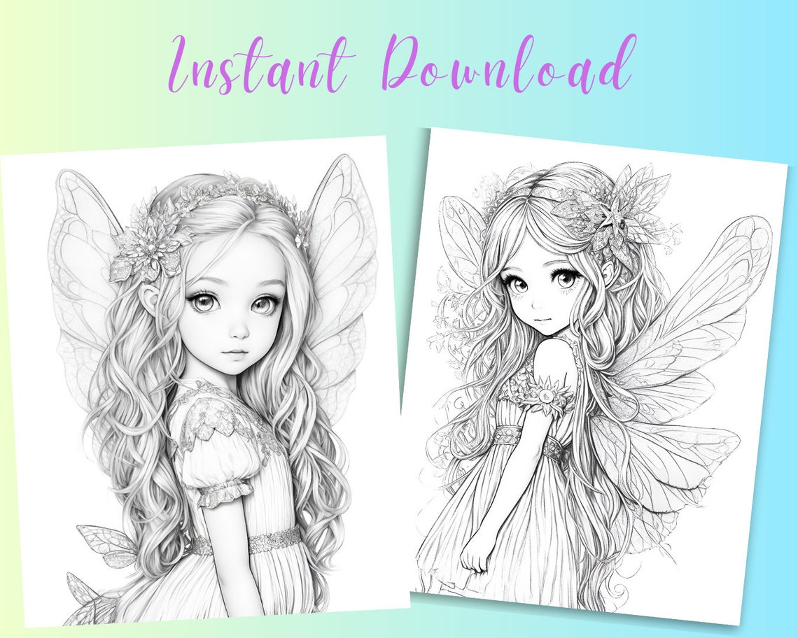 Cute Fairy Girls Coloring Pages, Printable PDF File, Grayscale Coloring ...