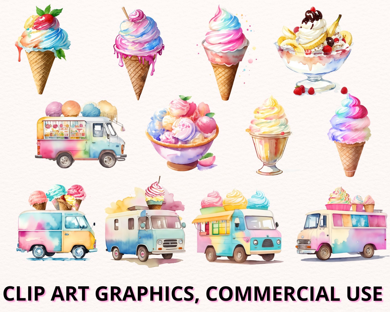 Watercolor Ice Cream Clipart, Retro Ice Cream Truck Clip Art, Sundaes ...