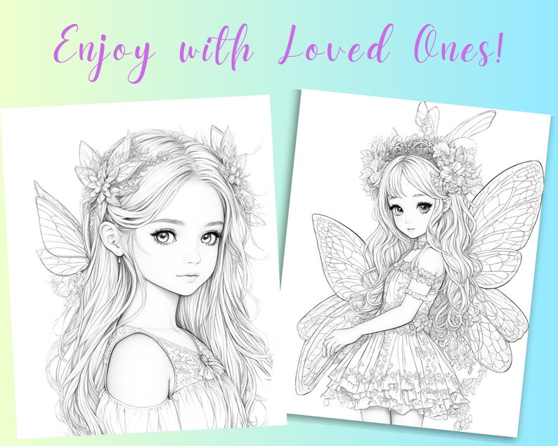 Cute Fairy Girls Coloring Pages, Printable PDF File, Grayscale Coloring ...