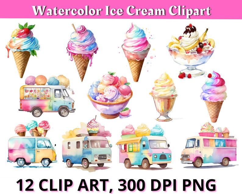 Watercolor Ice Cream Clipart, Retro Ice Cream Truck Clip Art, Sundaes ...
