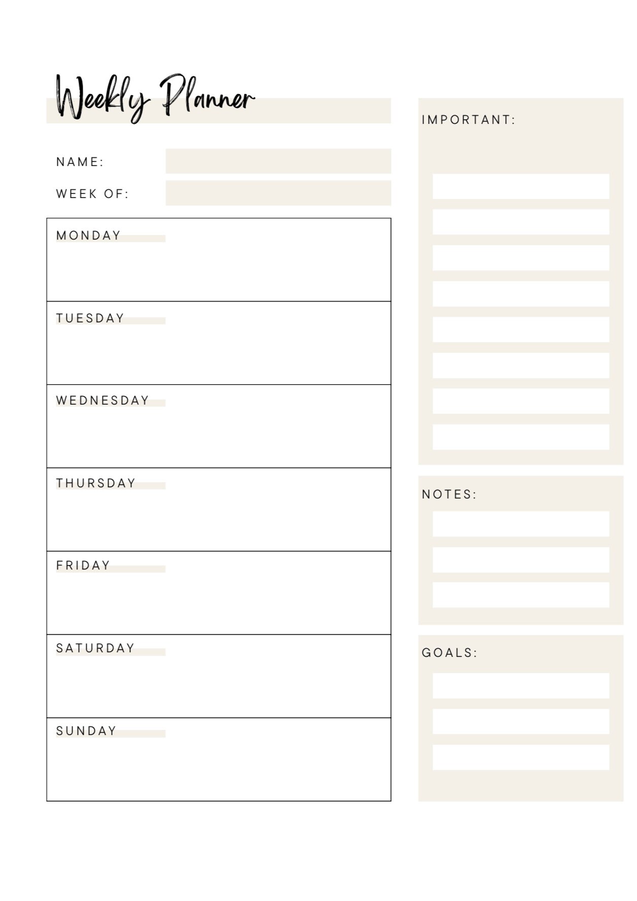 Weekly Planner, Basic Planner, Weekly Schedule, Digital Planner ...