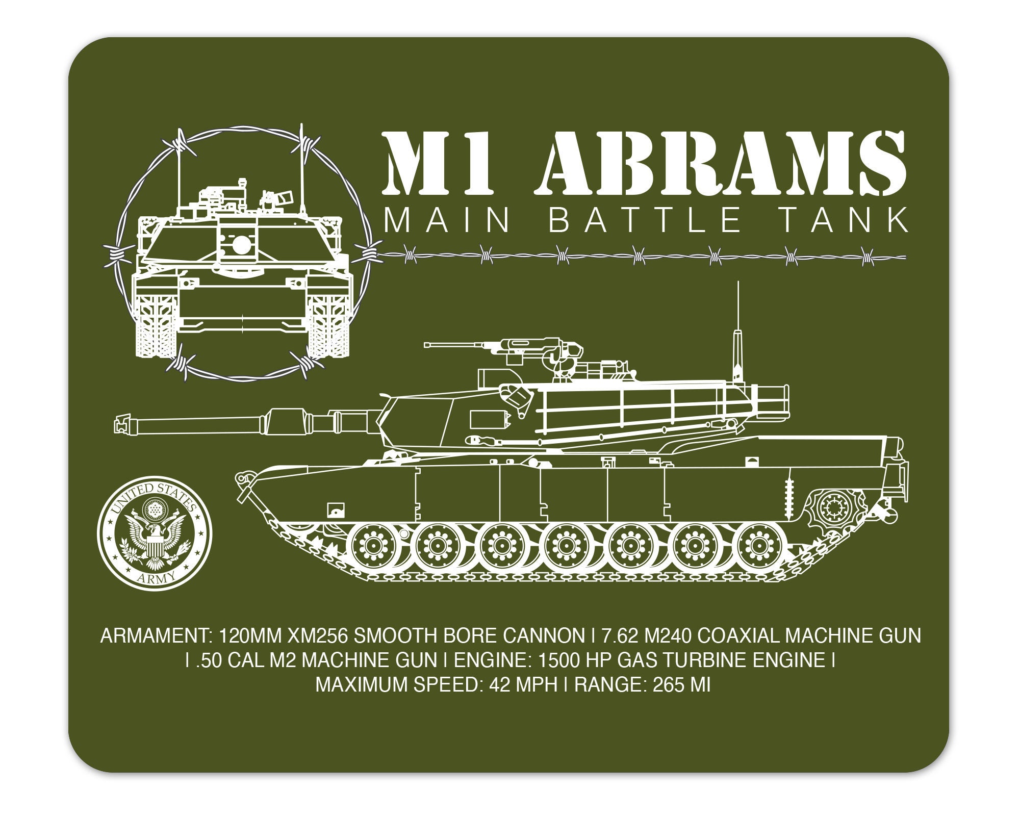 M1A1 Abrams Main Battle Tank Military Green Schematic Mouse Pad US Army ...