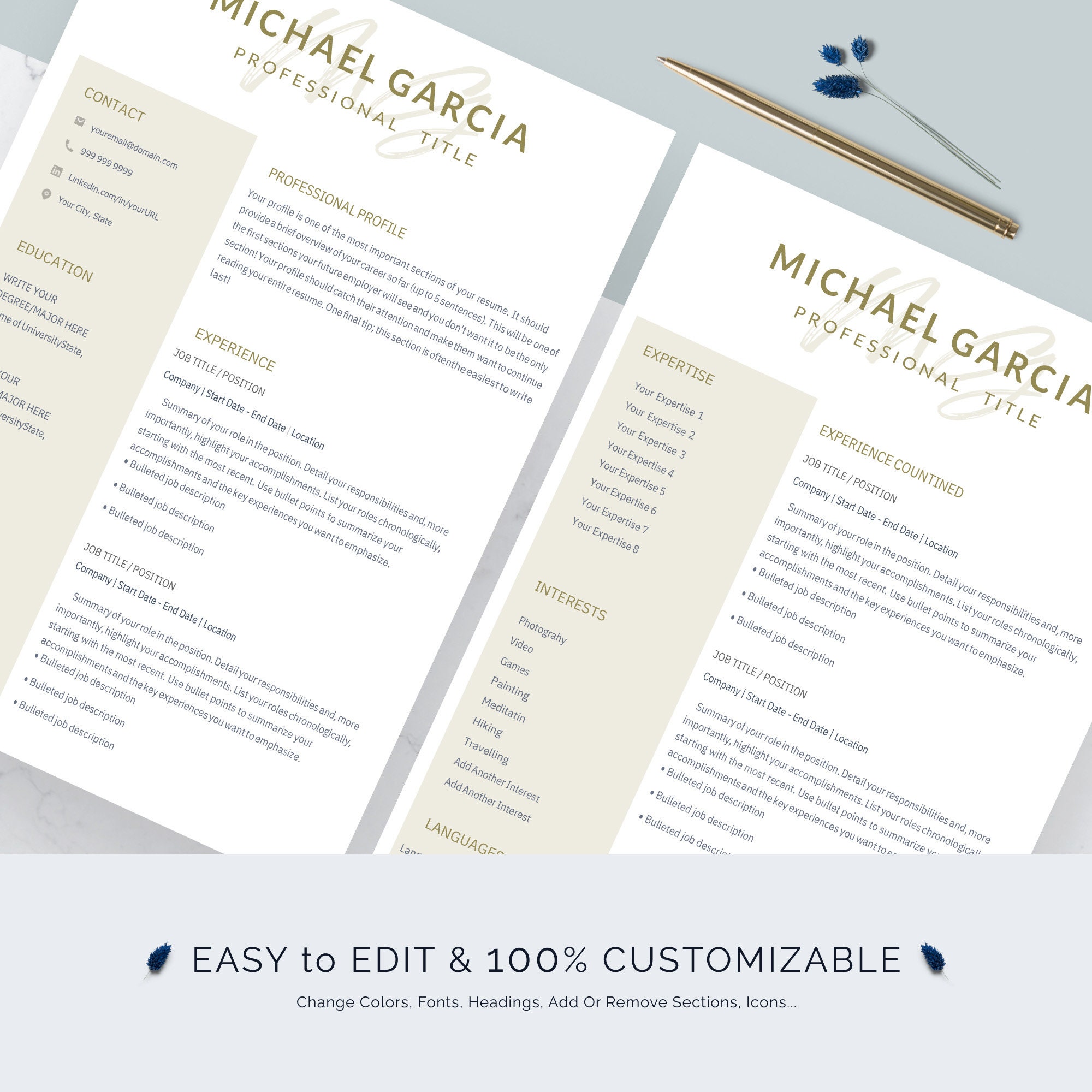 Elegant Modern Resume Template Word & Google Docs CANVA CV - Etsy