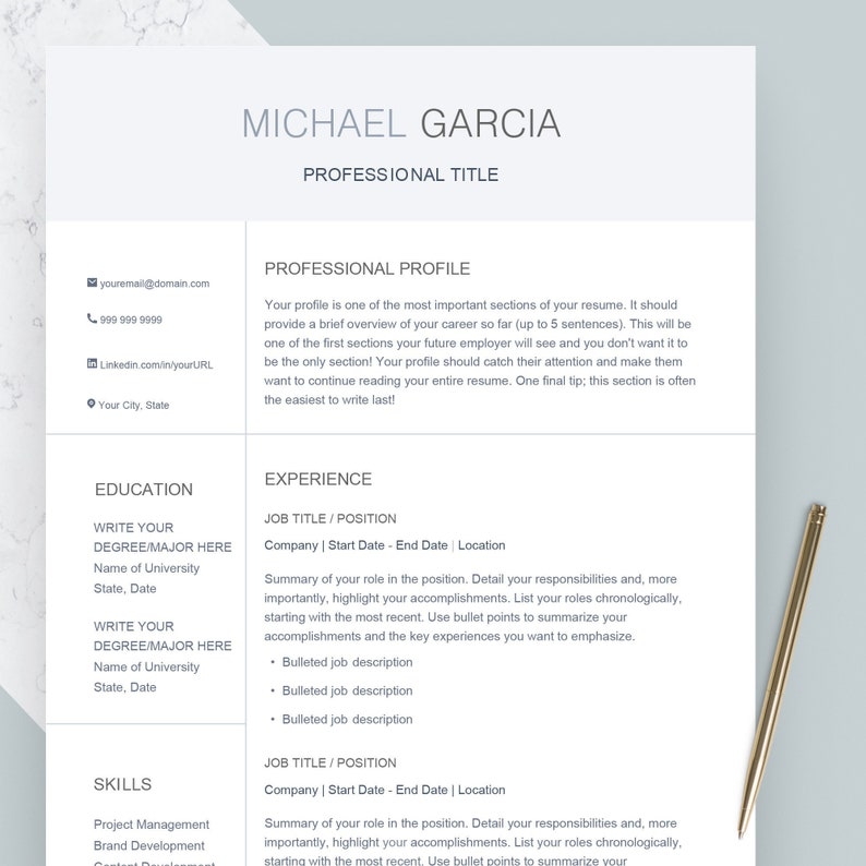 Executive Resume Template Word & Google Docs CANVA CV - Etsy