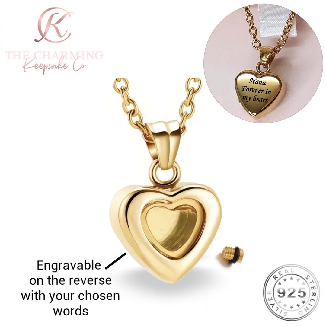 Gold Engravable Cremation Ashes Glass Heart Urn Necklace - Self Fill ...