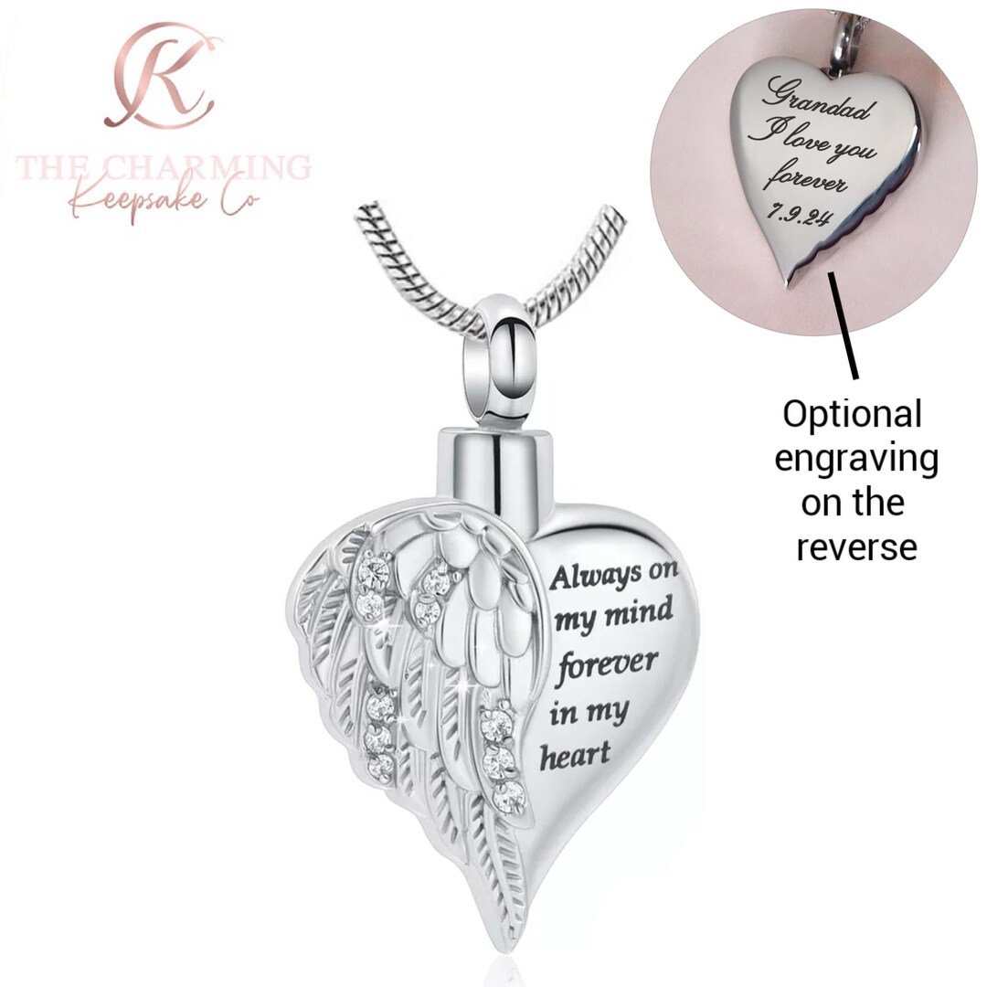 Engravable Cremation Ashes Silver Angel Wing Heart Urn Necklace - Self ...