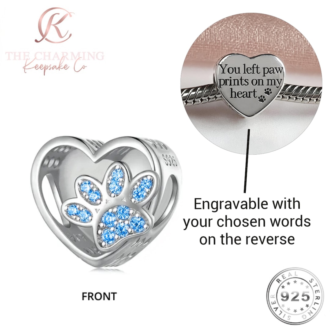 Engraved Dog / Cat Blue Paw Print Charm Genuine 925 Sterling Silver ...