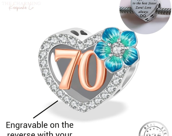 Engraved 70th Birthday Charm Genuine 925 Sterling Silver - Personalised ...
