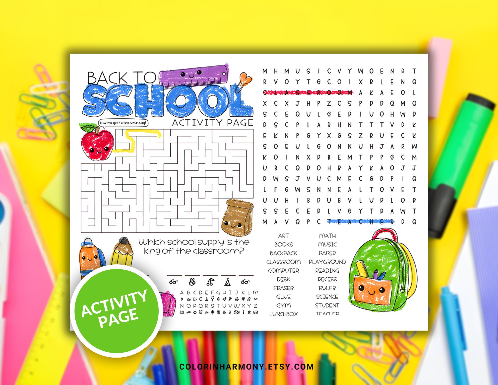 School Activity Placemat, School Coloring Page, Printable School Party ...