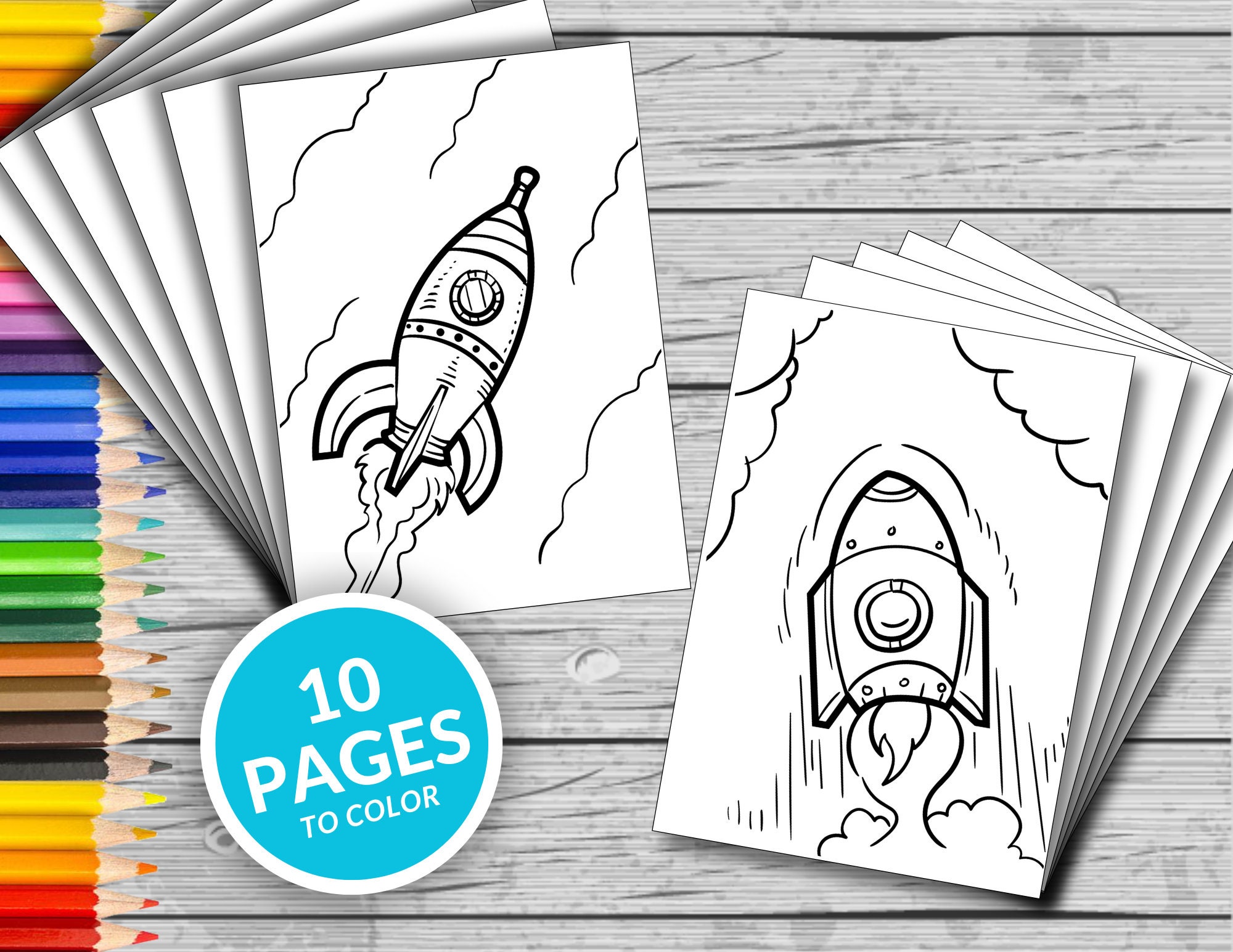 10 Rocket Printable Coloring Pages, Space Rocket Coloring Book, Fun at ...