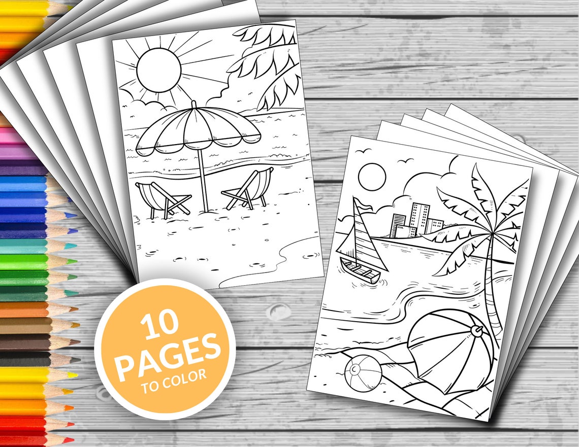 10 Beach Printable Coloring Pages, Cute Beach Coloring Book, Fun at ...
