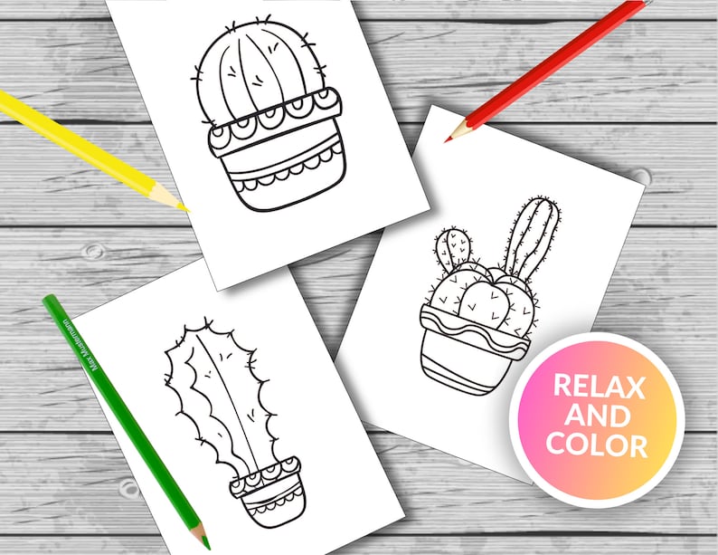 29 Cute Cacti Printable Coloring Pages, Cute Cacti Coloring Book, Fun at Home Activity, Relax ...
