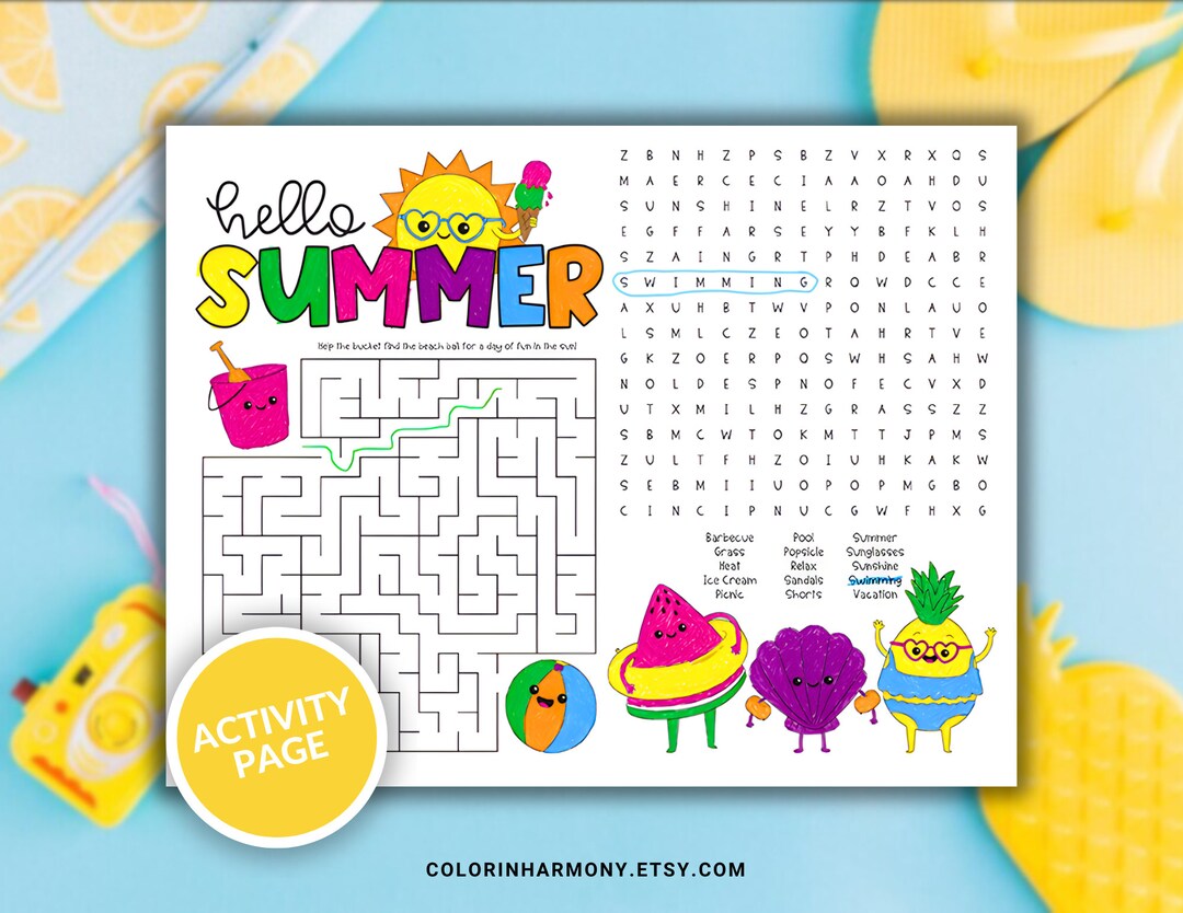 Summer Activity Placemat, Summer Coloring Page, Printable Summer Party ...