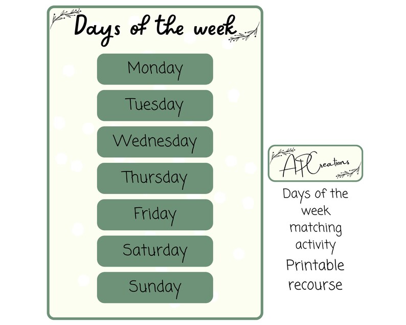 Days of the Week Matching Activity, Learning Resource, Printable - Etsy