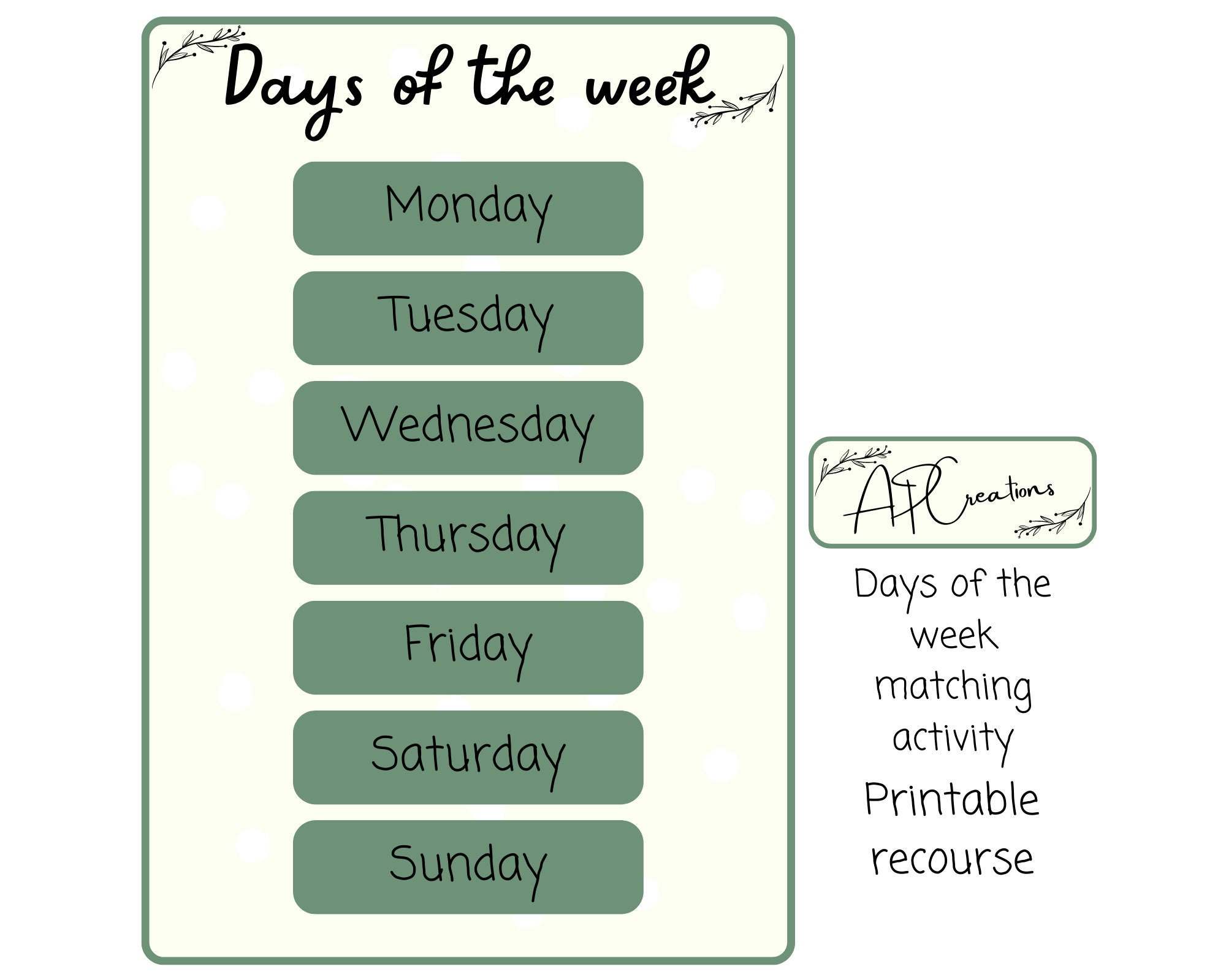 Days of the Week Matching Activity, Learning Resource, Printable - Etsy